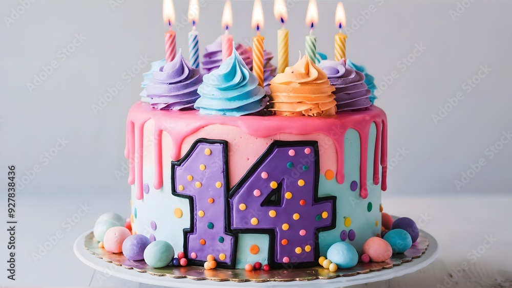 Vibrant 14th Birthday Cake with Pastel Frosting and Number 14 Topper ...