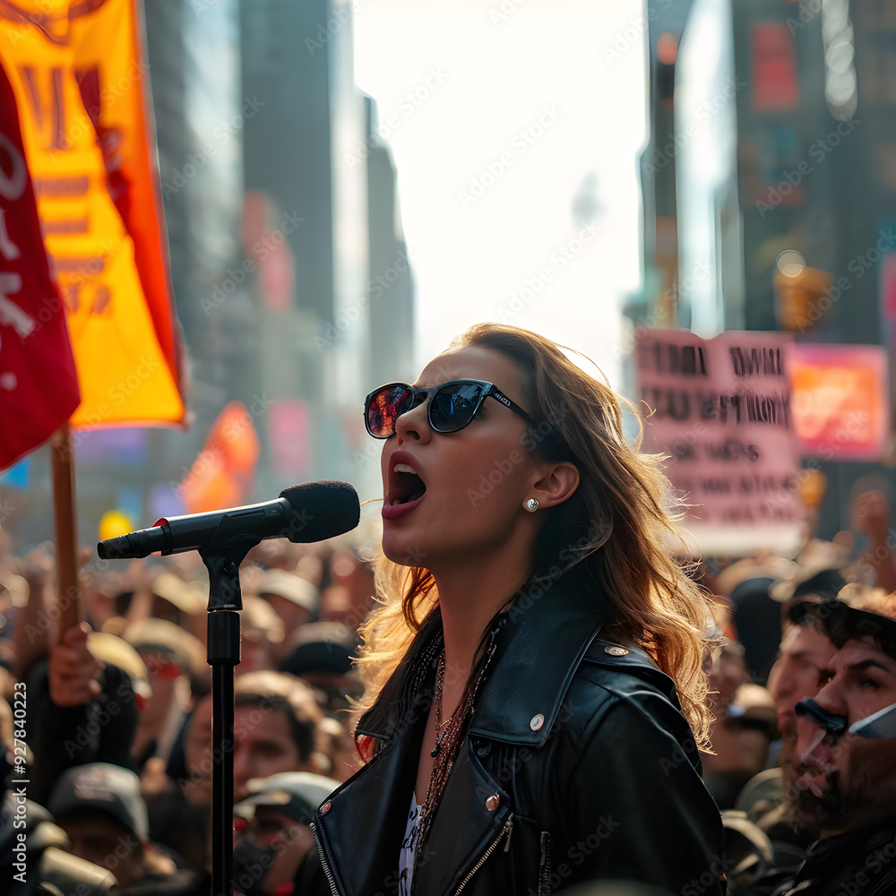 Protester woman speaking into microphone in Protest Rally Crowd Justice ...