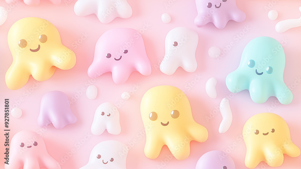 Cute pastel-colored characters resembling soft blobs with happy ...