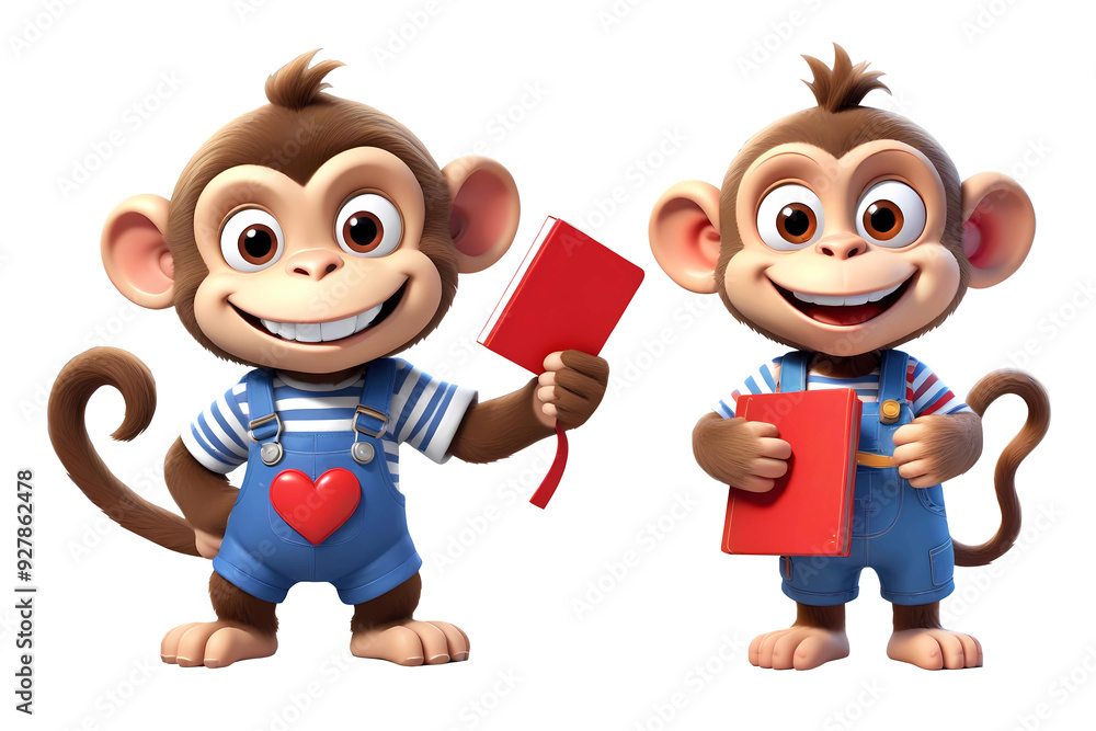 3d rendering cute monkey cartoon characters wearing overalls and ...