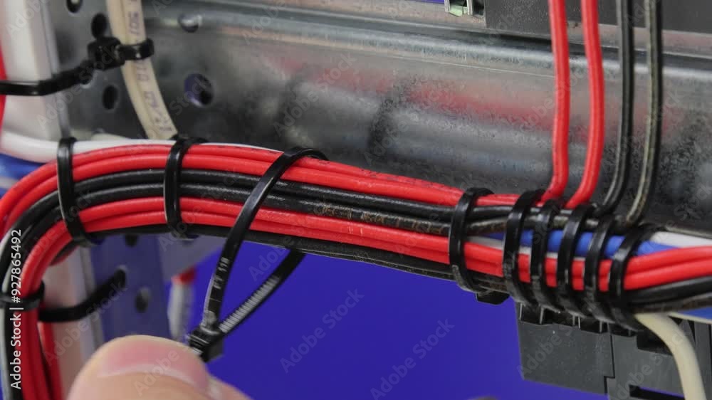 Installation of a plastic clamp on electrical wires in an electrical ...