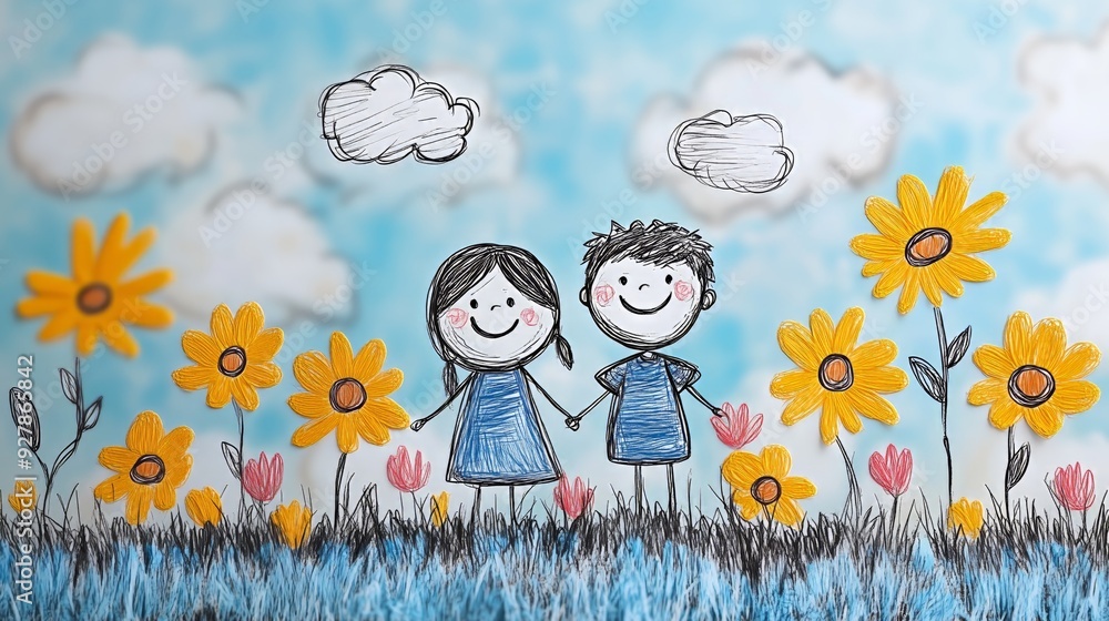 A playful illustration depicting two child-like figures holding hands ...