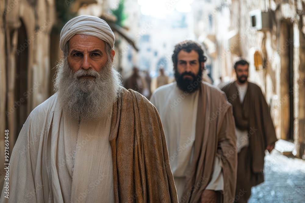 ancient jerusalem street scene bearded men in traditional robes ...