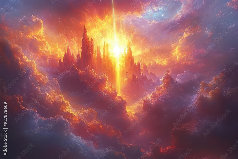celestial paradise scene ethereal light beams piercing through clouds ...