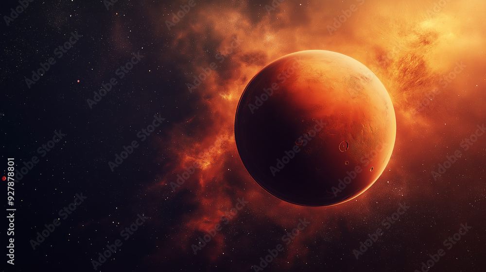 Mars-like planet with fiery atmosphere and solar eclipse in space ...