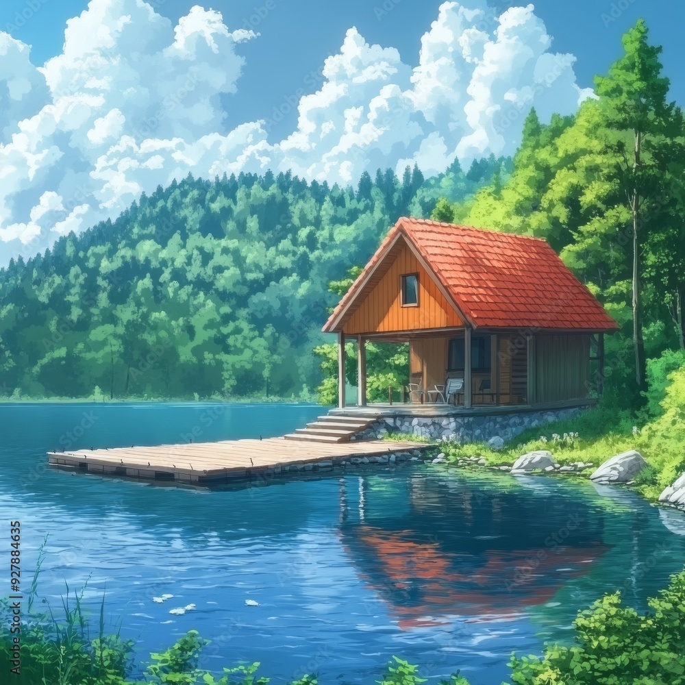 anime-style Enchanted Lakeside Cabin: A Tranquil Summer Retreat Amidst ...