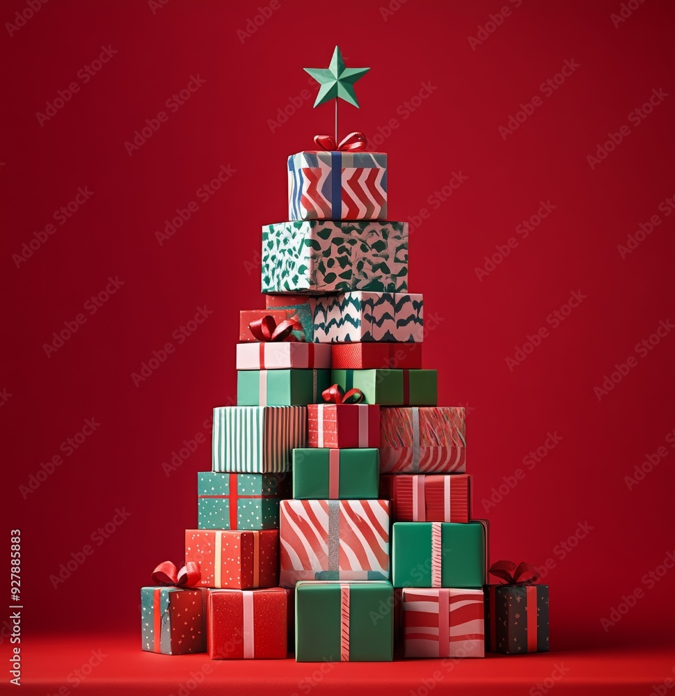 christmas tree made of stacked gift boxes on red background. Season ...