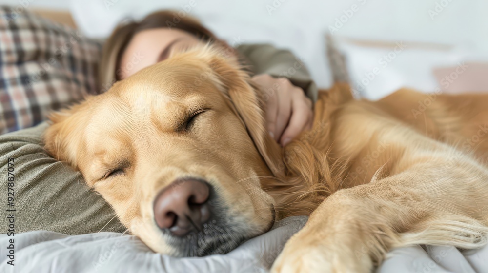 Dog cuddling with its owner in a cozy bedroom, National Dog Day ...