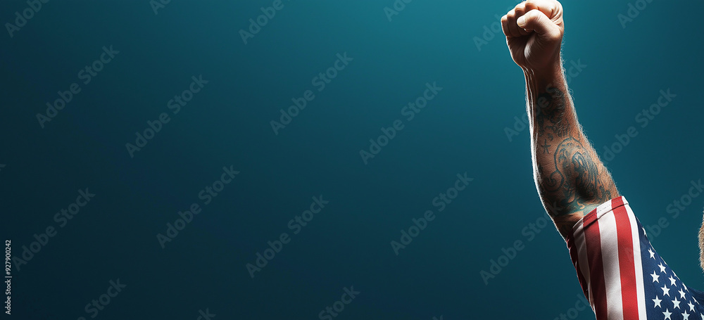 Hand with fist raised up in an angry pose, wearing an American flag on ...