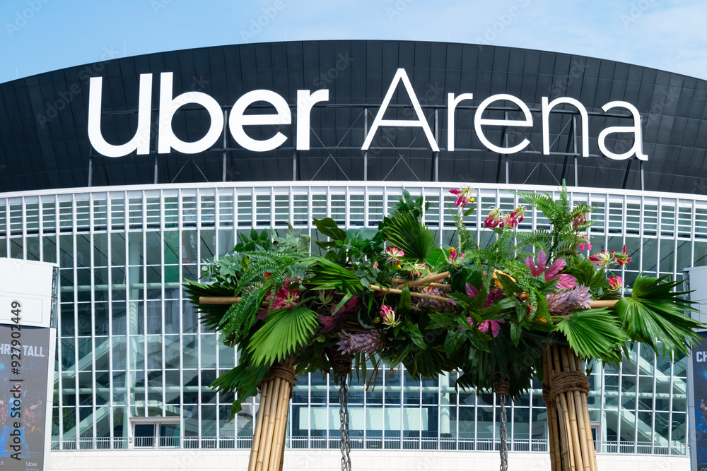 Uber Eats Music Hall Advertising logo on modern building facade, fusion ...