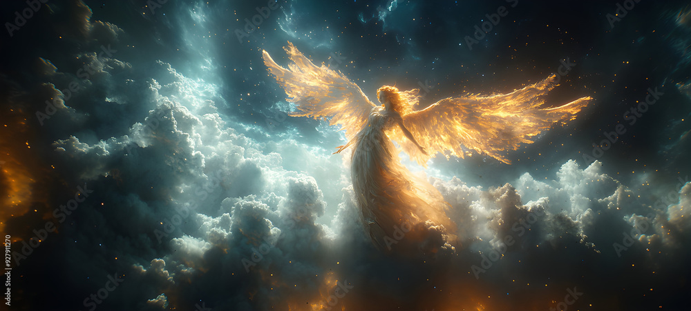 Angel mythology, abstract oil painting of a beautiful, mighty flying ...