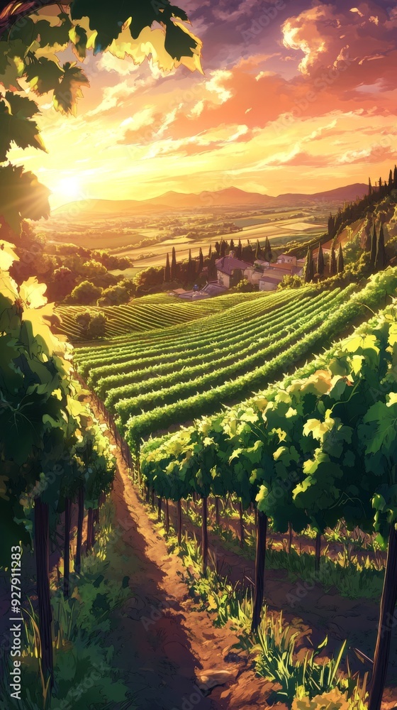 Sunset Enchantment in an anime-style Vineyard: A Tranquil Vineyard ...