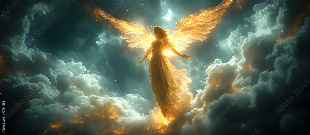 Angel mythology, abstract oil painting of a beautiful, mighty flying ...