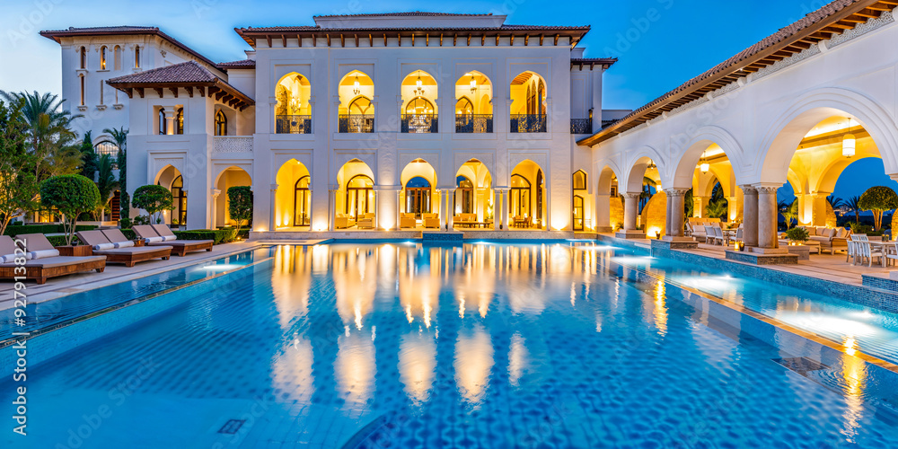 Middle East luxury villa or resort, white facade, large swimming pool ...