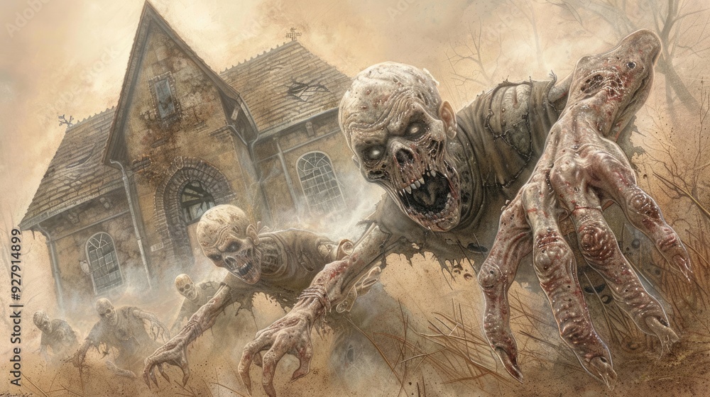 Zombies wander aimlessly through an eerie cemetery, their bony hands ...