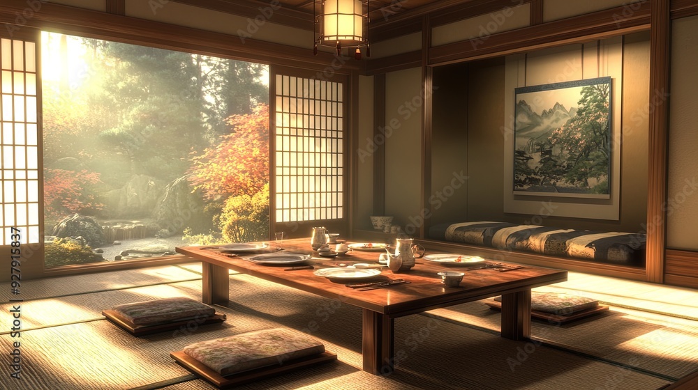Serene Japanese Dining Room Scene: Embrace Tranquility with Low Wooden ...