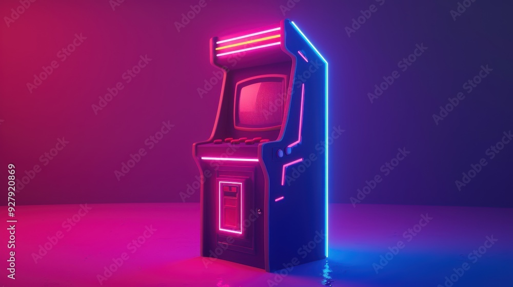 Retro Arcade Cabinet in Neon Glow: A classic arcade game cabinet bathed ...