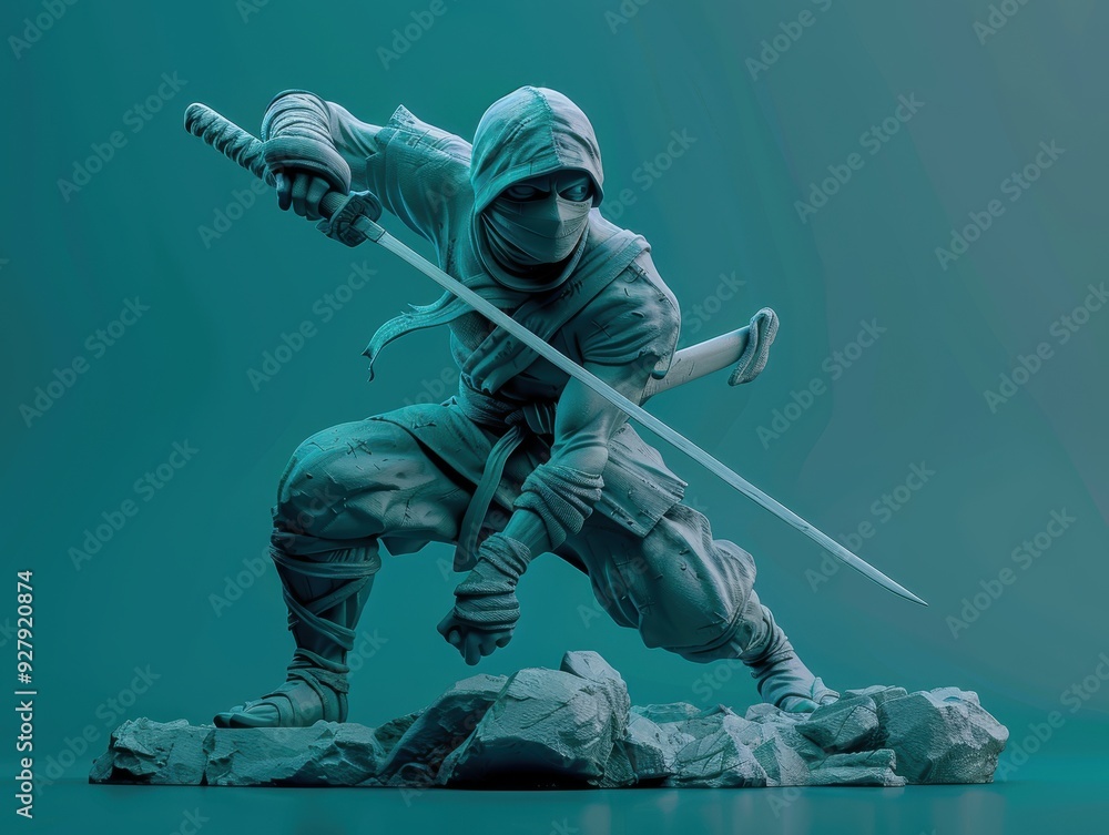 Silent Guardian: A monochromatic ninja stands poised, katana drawn ...