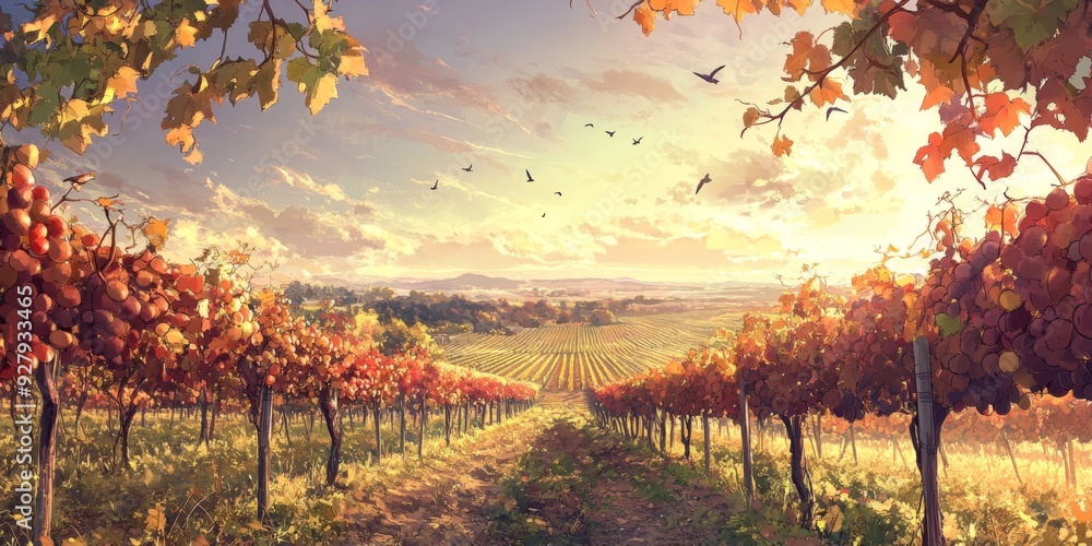 anime-style Enchanted Autumn Vineyard: Mature Fruits on the Vines and ...