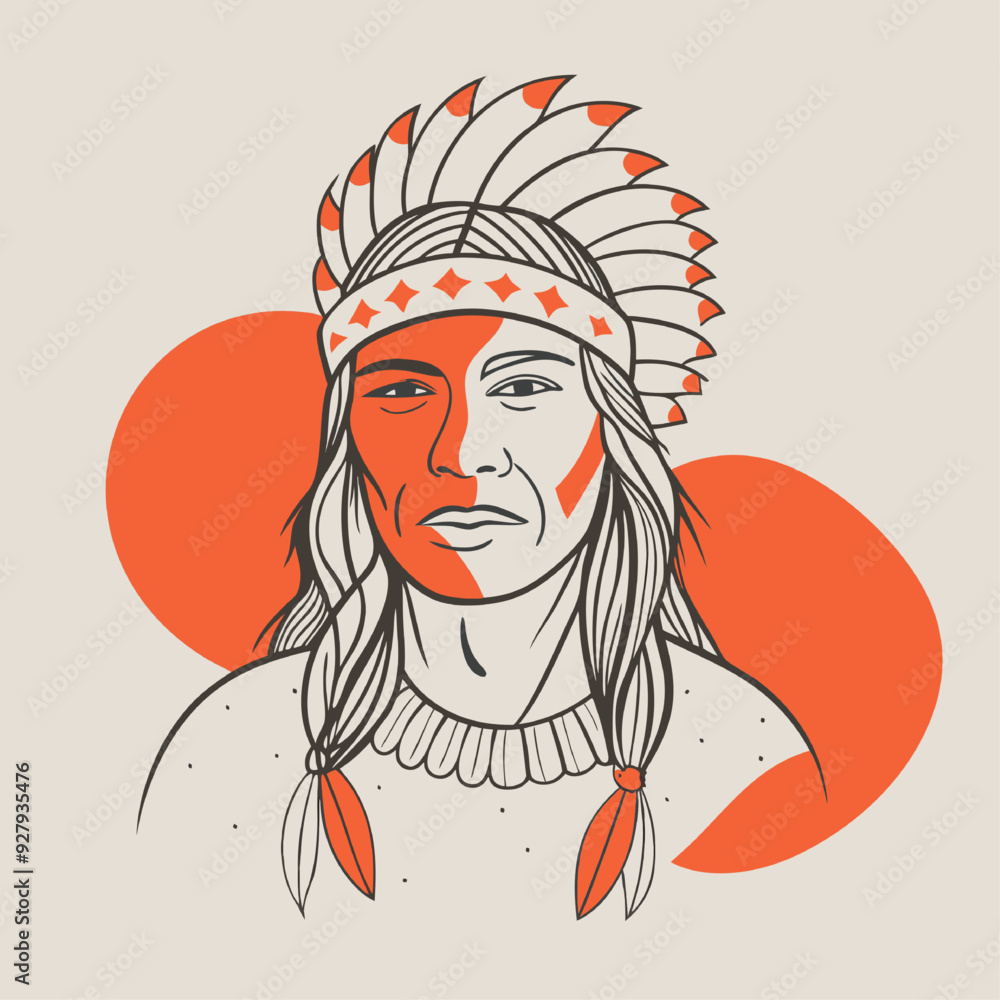 Native American Chief Portrait: A striking line art illustration of a ...