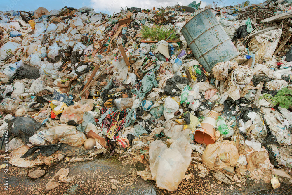 Garbage being prepared for compacting trash in sanitary landfill of the ...