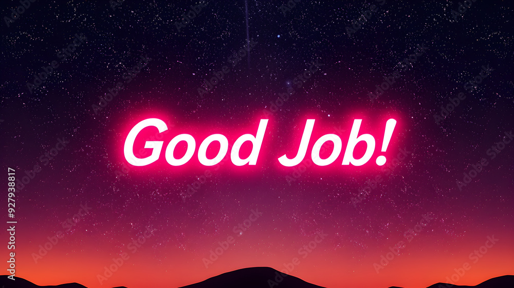 “Good Job!” text in a big, bold font over a starry night background ...