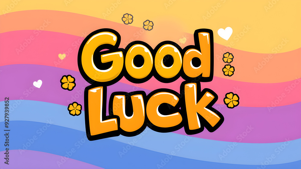 “Good Luck” text in a quirky, cartoonish font on a rainbow background ...