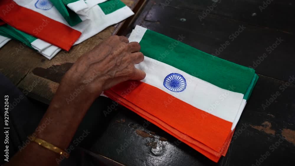 A worker counts Indian national flag or tricolour in a workshop ahead ...