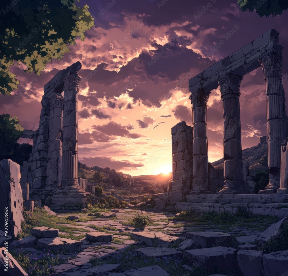 Twilight of Ancient Ruins: A Dreamy anime-style Historical Landmark ...
