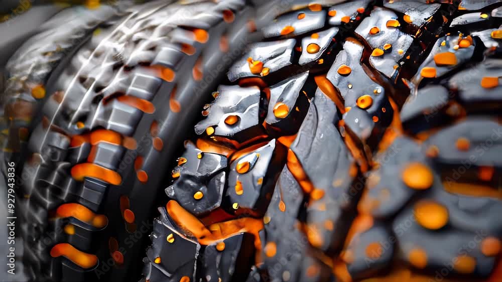 Black round car tires with rubber tread on alloy wheels on a black ...