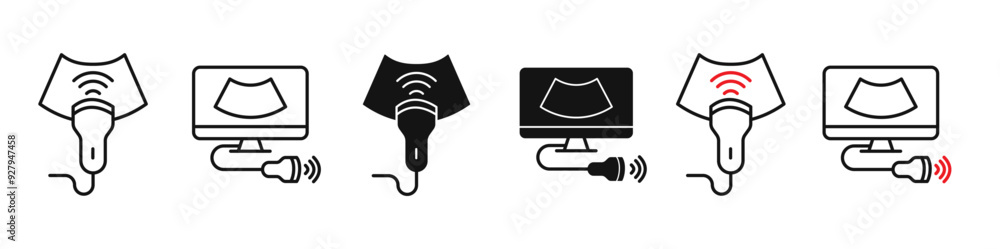 Ultrasound equipment icon set. Woman pregnancy internal ultrasonography ...