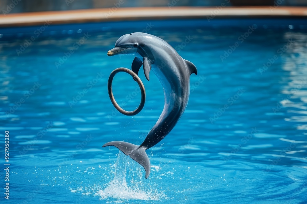Training a dolphin capturing the moment of a dolphin jumping through a ...
