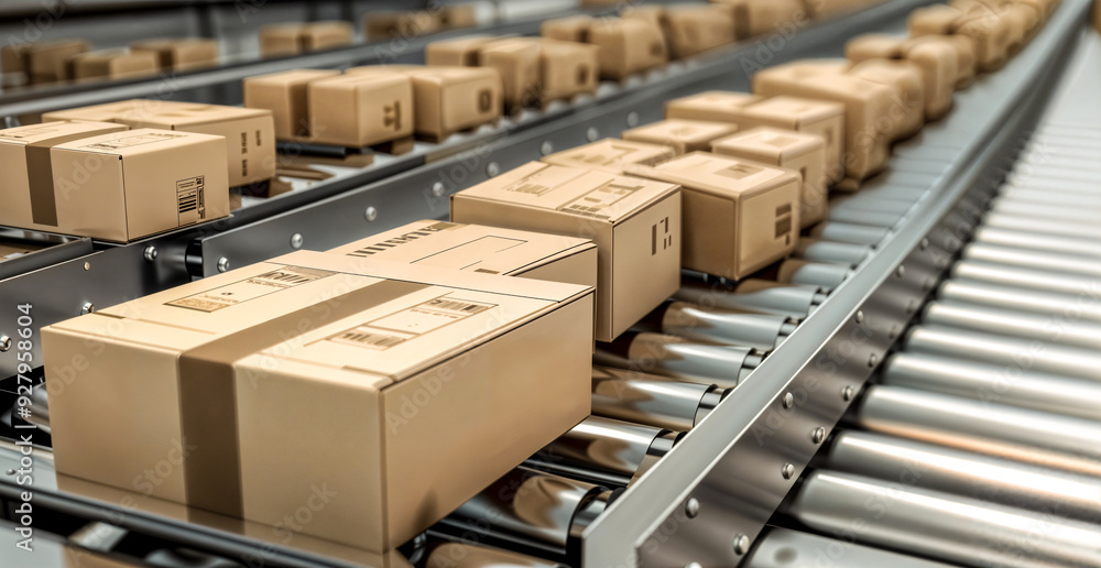 Logistics & Distribution Center. Cardboard Boxes on a Conveyor Belt ...