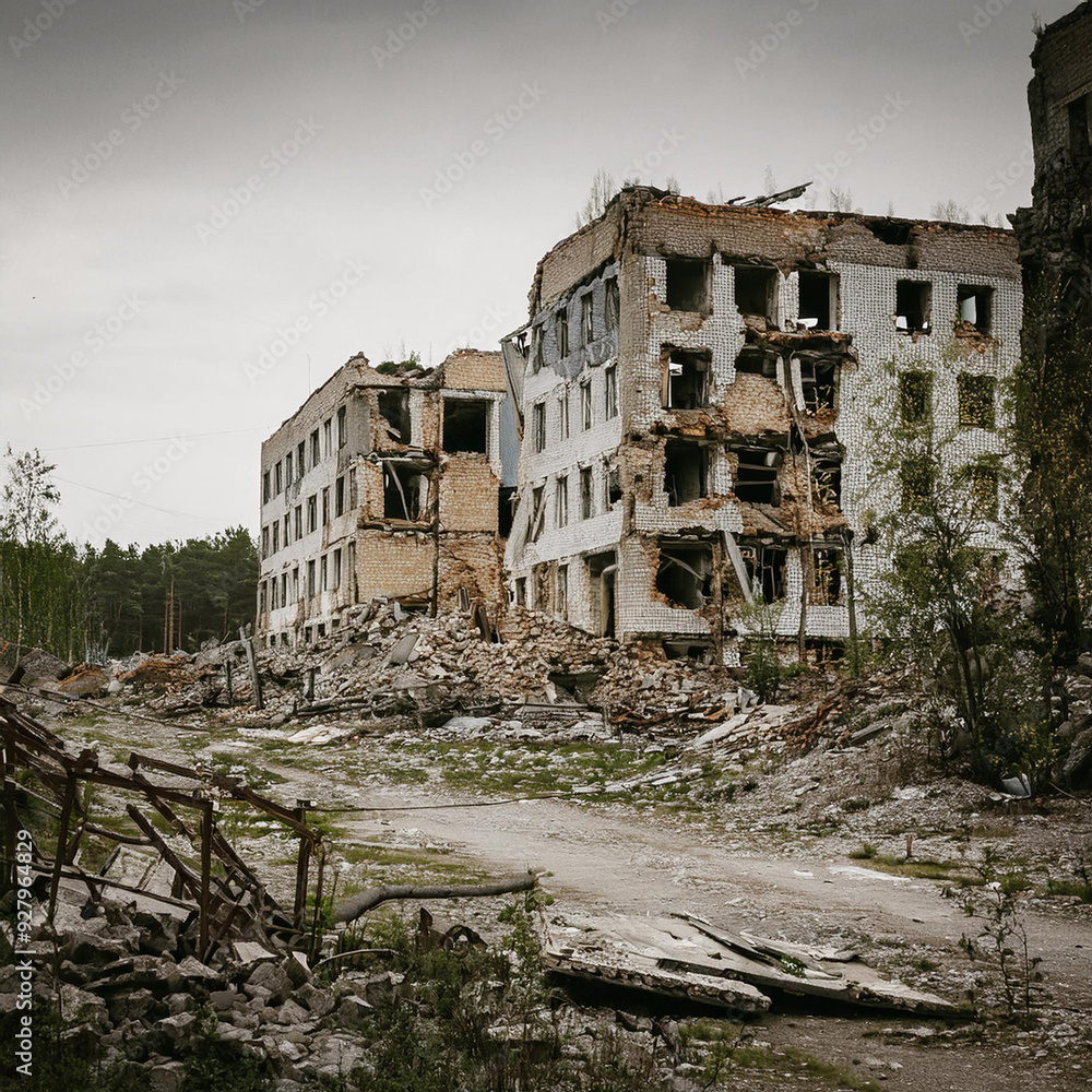Buildings and houses damaged by war, the effects of earthquakes ...