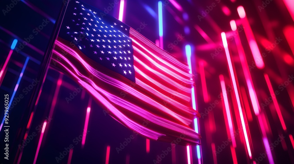 American flag waving atop a futuristic skyscraper, glowing in the city ...