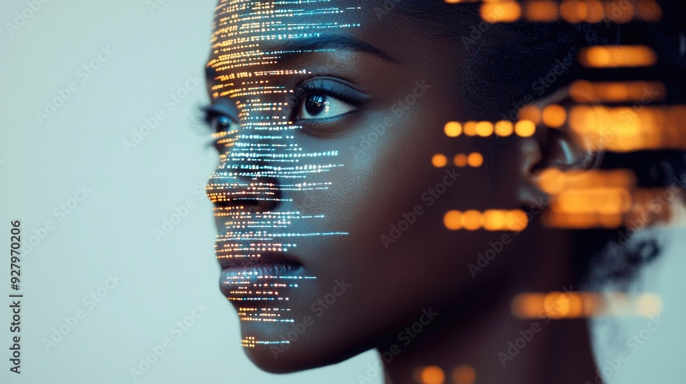 black woman with projection of digital code on face,technology and ...