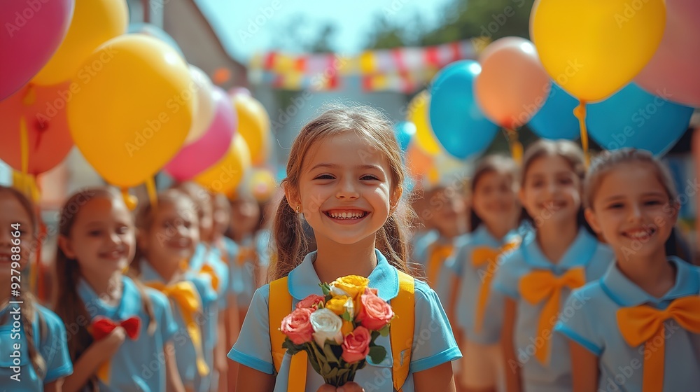 girl first day of school year. Girl with bouquet of flowers. September ...