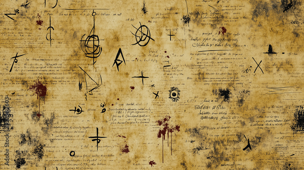 magical spell book page texture with arcane symbols and splatters of ...