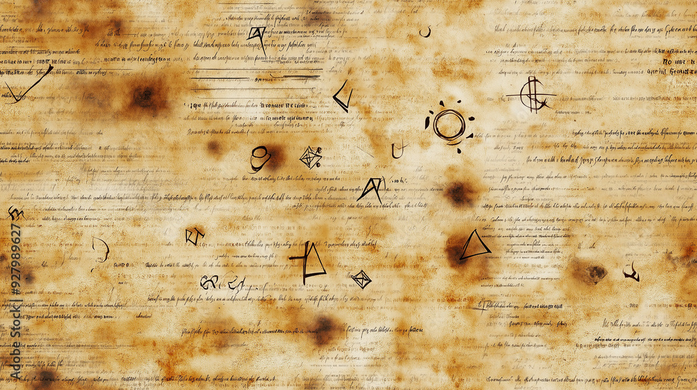 magical spell book page texture with arcane symbols and splatters of ...