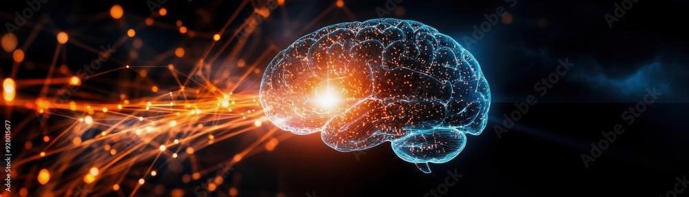 Human brain connected to a glowing processor, illustrating the merging of big data, AI, and ...