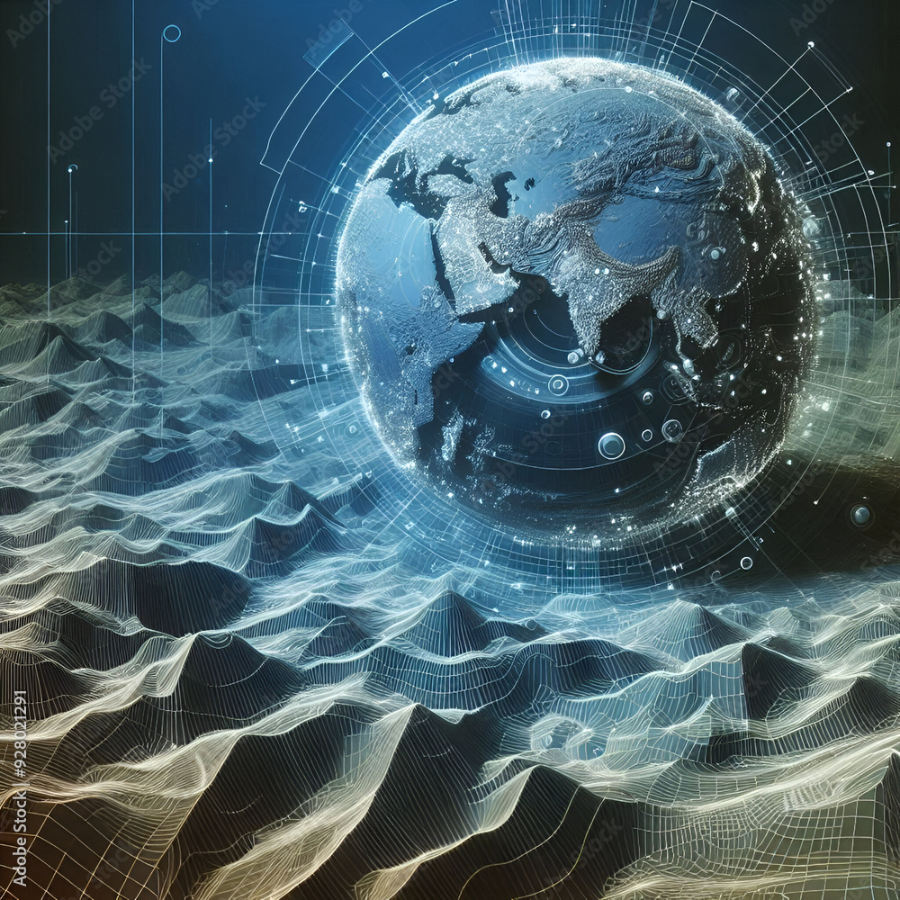 An intricate, layered terrain model with contour lines and elevation ...