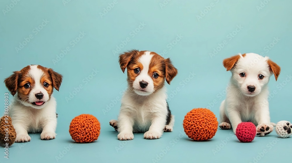 Cute and playful shots of puppies sitting playing with toys, light blue ...