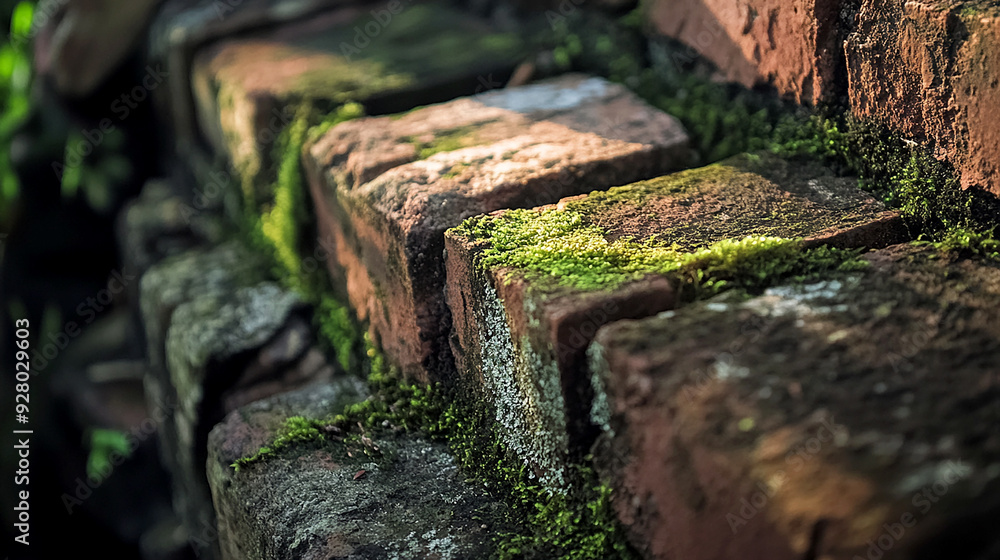 old, weathered bricks with moss growing between the mortar ...