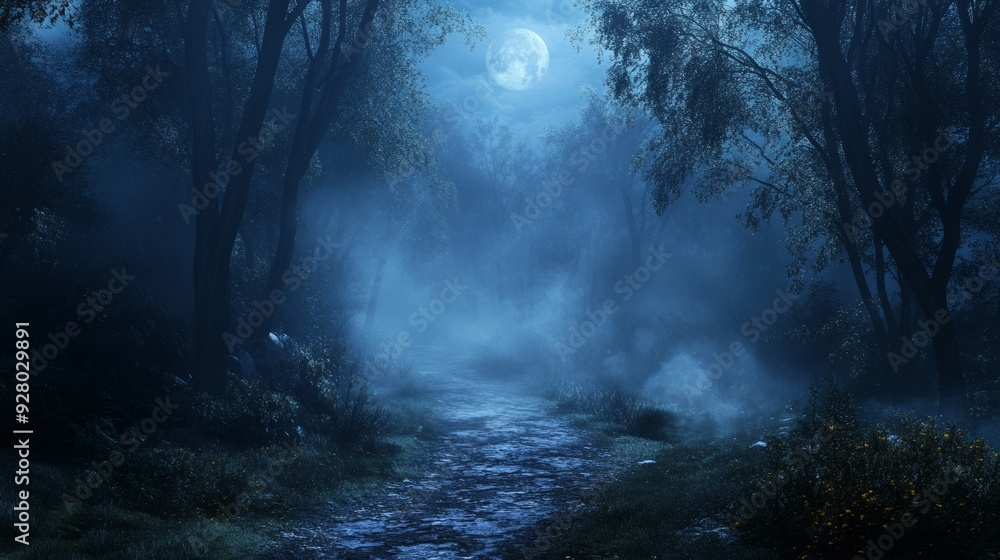 Poster, Foto Mysterious forest with a moonlit path fog and a Halloween ...