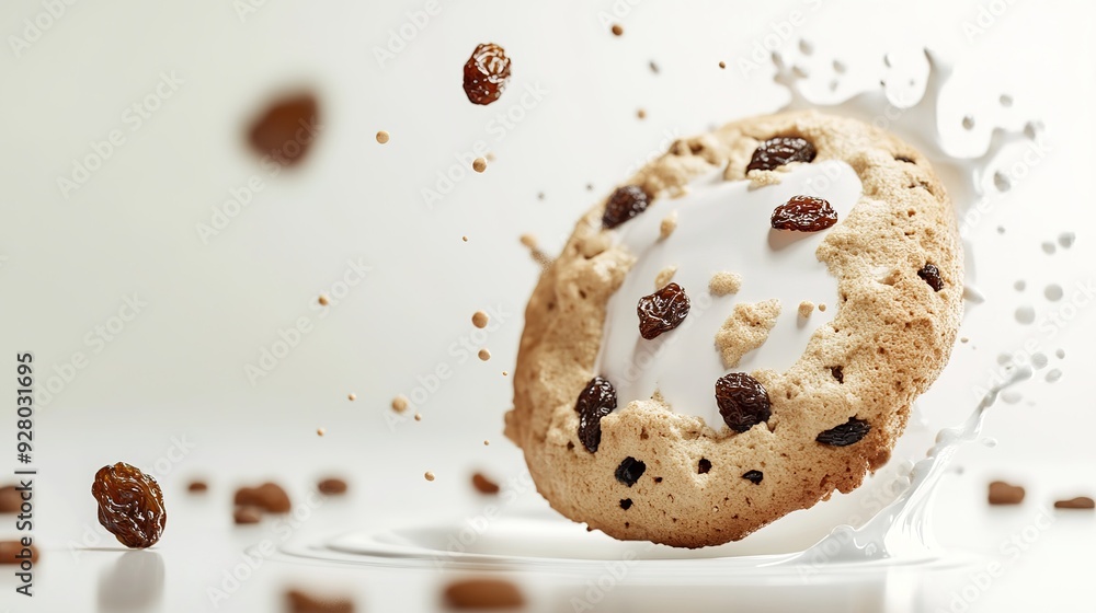 3D Render of Cookie with Raisins in a Milk Splash: Dynamic and ...