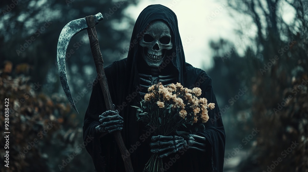 Grim Full-Length Figure of Death with a Scythe Offering a Bouquet of ...