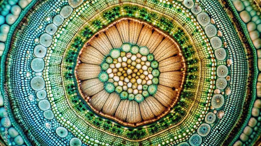 Microscopic view of plant cells in a pine stem cross section cut under ...