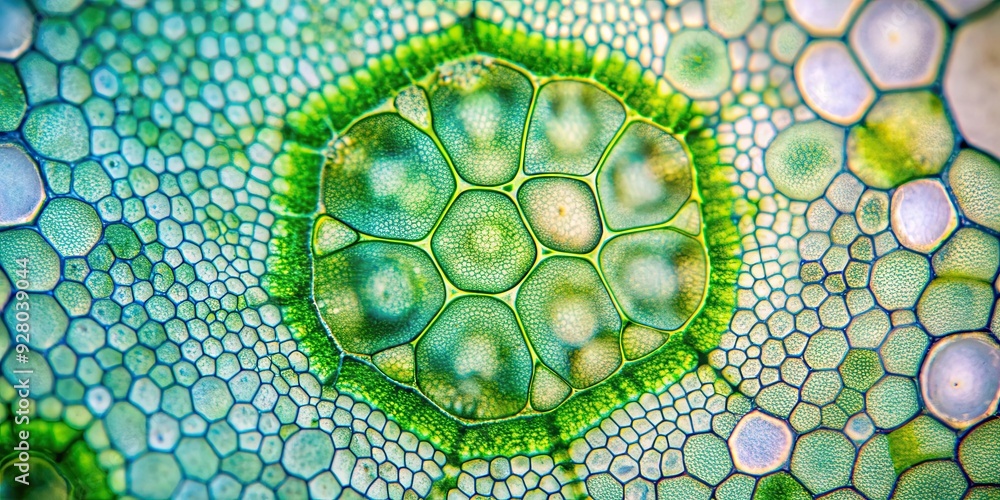 Microscopic view of plant cells in a cross section cut slice of a plant ...