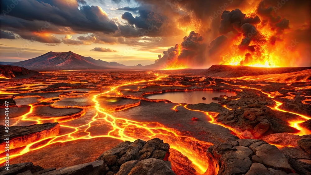 Hellish landscape with molten rocks and fiery pits, Hell, Hellscape ...