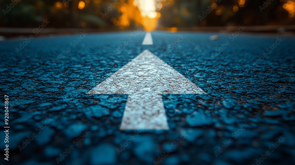 long, empty asphalt road stretches into the distance, with a prominent ...